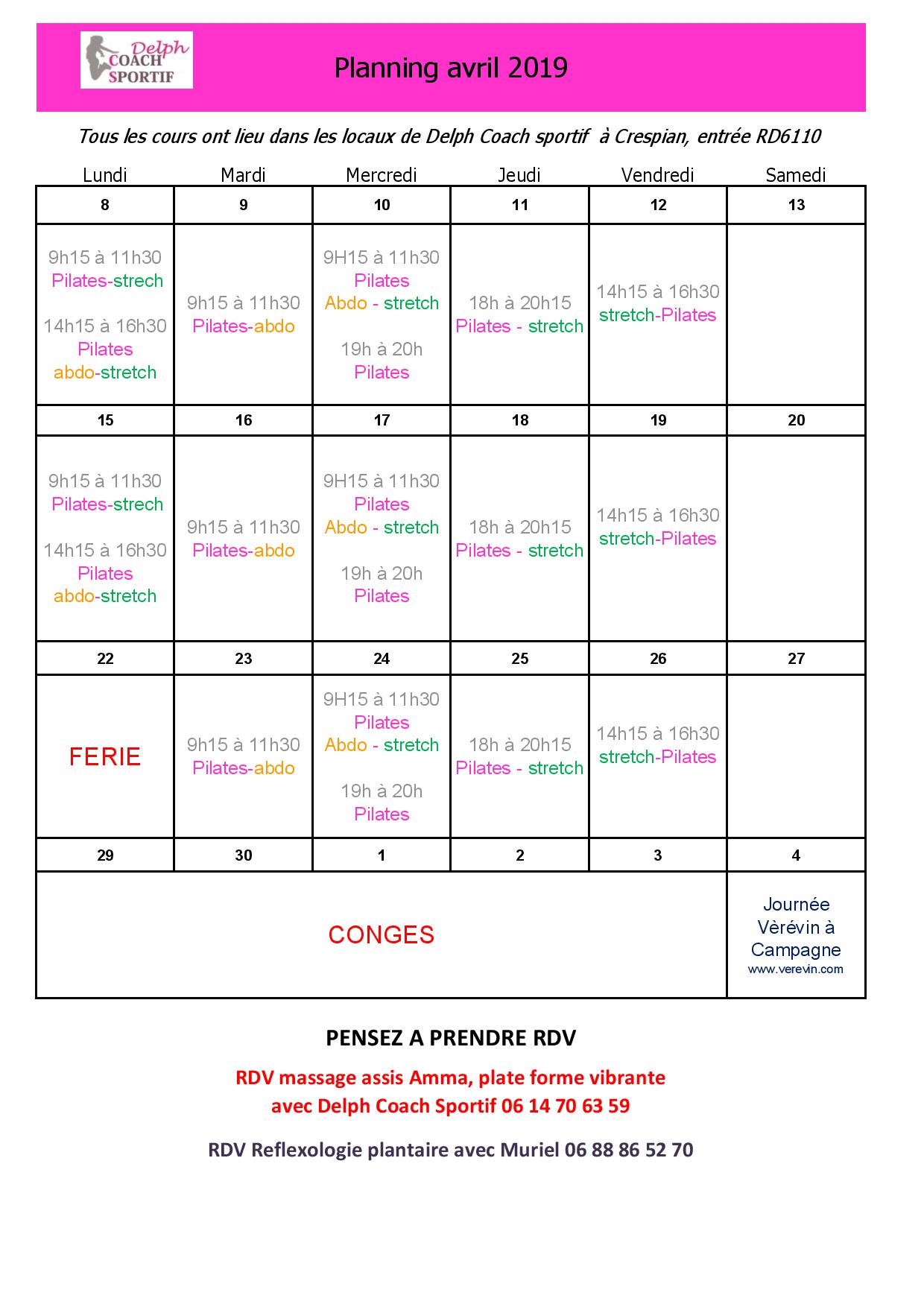 Planning avril 2019 - DelphCoachSportif